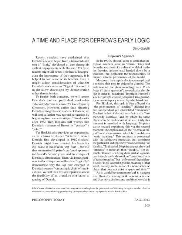 (PDF) A TIME AND PLACE FOR DERRIDA'S EARLY LOGIC