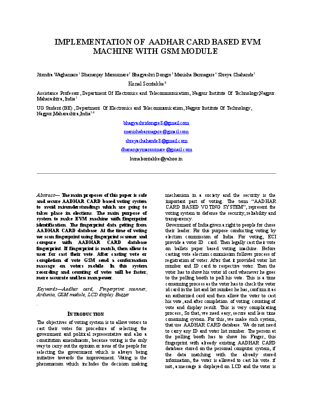 (DOC) IMPLEMENTATION OF AADHAR CARD BASED EVM MACHINE WITH GSM MODULE