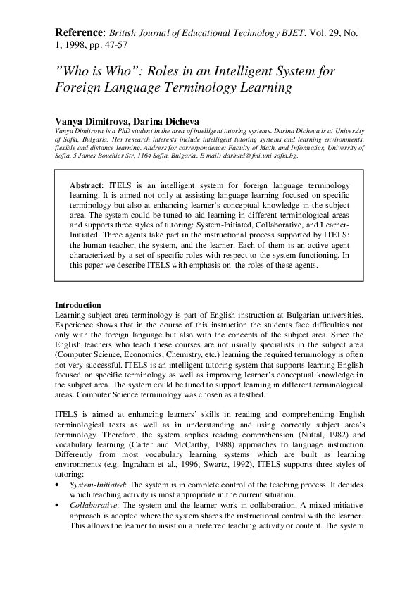 (PDF) Who is who": the roles in an intelligent system for foreign ...