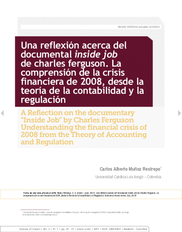 (PDF) Una reflexion acerca del documental inside job de charles ferguson. La comprension de la ...