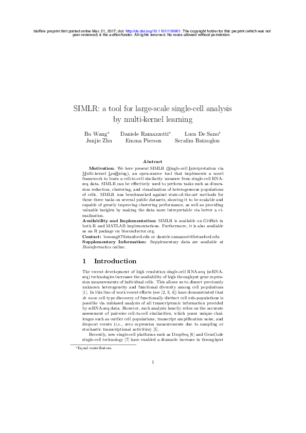 (PDF) SIMLR: A Tool for Large-Scale Genomic Analyses by Multi-Kernel Learning | Daniele ...