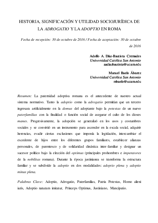 (PDF) Historia, significación y utilidad sociojurídica de la adrogatio ...