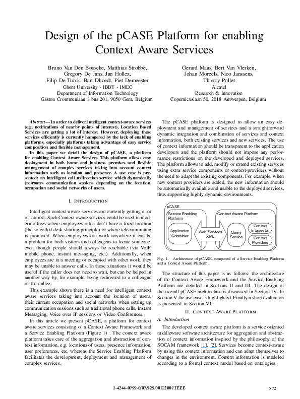 (PDF) Design of the pCASE Platform for enabling Context Aware Services