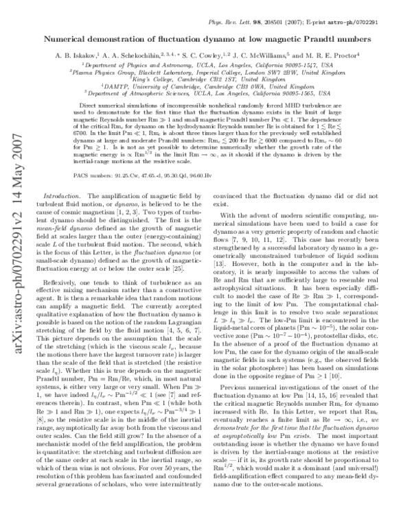 (PDF) Numerical demonstration of fluctuation dynamo at low magnetic prandtl numbers