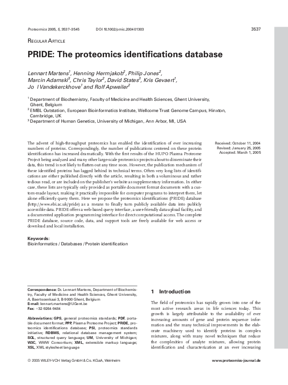 (PDF) PRIDE: The proteomics identifications database