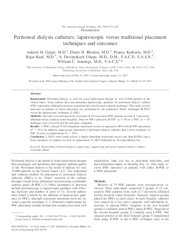 (PDF) Peritoneal dialysis catheters: laparoscopic versus traditional placement techniques and ...