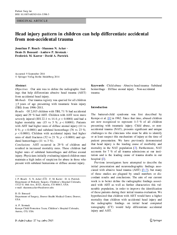 (PDF) Head injury pattern in children can help differentiate accidental ...