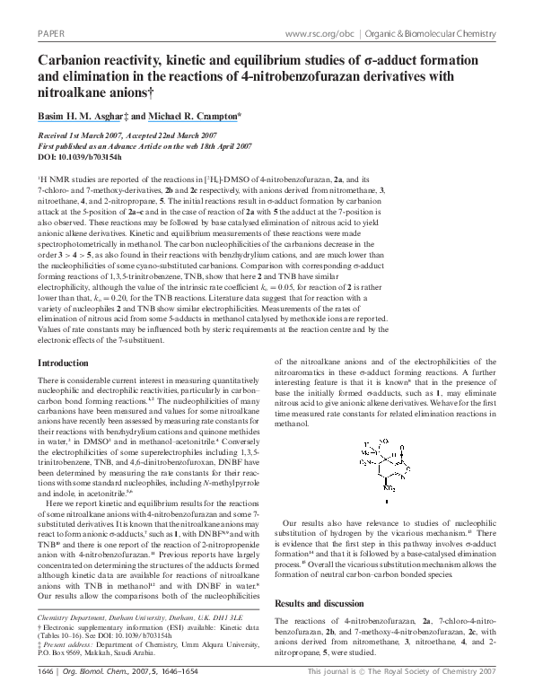 (PDF) Carbanion reactivity, kinetic and equilibrium studies of sigma ...