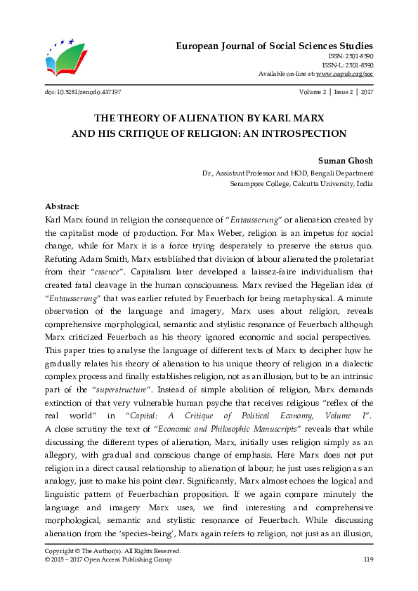 (PDF) THE THEORY OF ALIENATION BY KARL MARX AND HIS CRITIQUE OF ...
