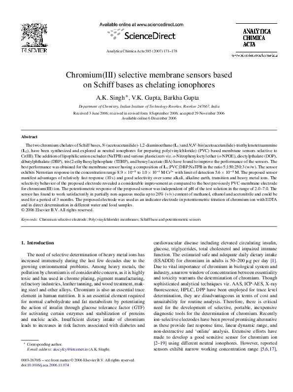 (PDF) Chromium(III) selective membrane sensors based on Schiff bases as chelating ionophores