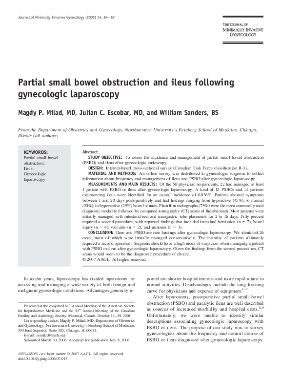 (PDF) Partial small bowel obstruction and ileus following gynecologic ...