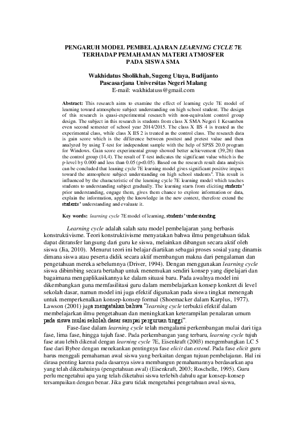 (PDF) PENGARUH MODEL PEMBELAJARAN LEARNING CYCLE 7E TERHADAP PEMAHAMAN MATERI ATMOSFER PADA ...
