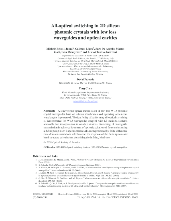 (PDF) All-optical switching in 2D silicon photonic crystals with low loss waveguides and optical ...