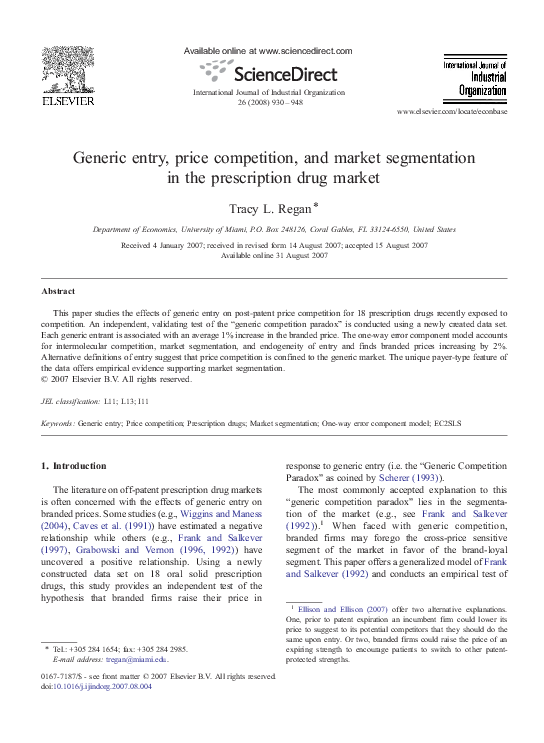 (PDF) Generic entry, price competition, and market segmentation in the ...