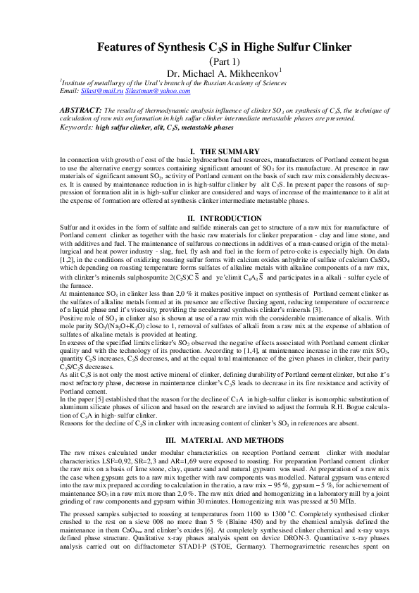 (PDF) Features of Synthesis C3S in Highe Sulphure Clinker (Part 1) .pdf