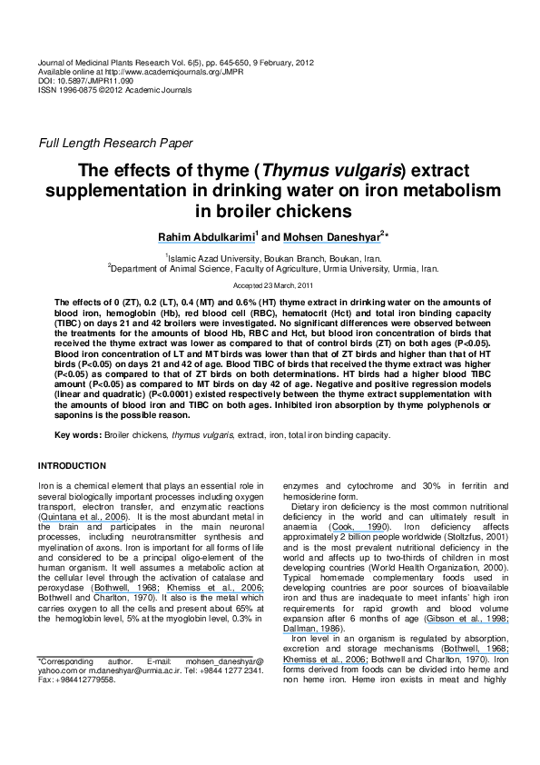 (PDF) The effects of thyme (Thymus vulgaris) extract supplementation in ...