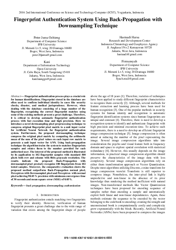 (PDF) Fingerprint Authentication System Using Back-Propagation with Downsampling Technique