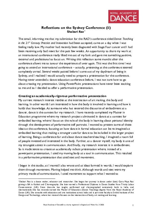 (PDF) Reflections on Dance as Embodied Learning presentation: Dec 2016