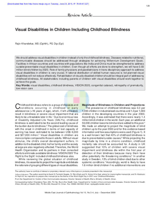 (PDF) Visual disabilities in children including childhood blindness