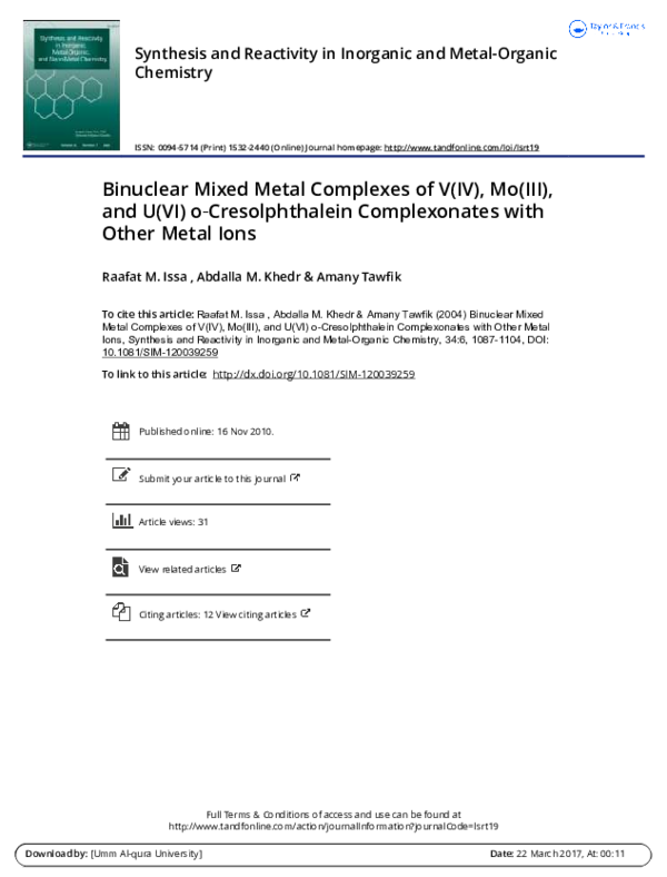(PDF) Binuclear mixed metal complexes of V(IV), Mo(III) and U(VI) o ...
