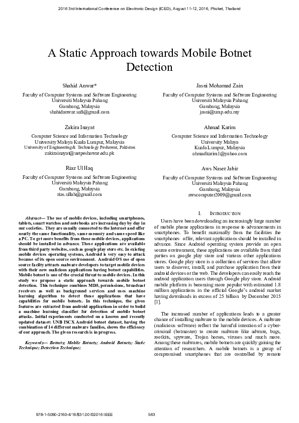 (PDF) A Static Approach towards Mobile Botnet