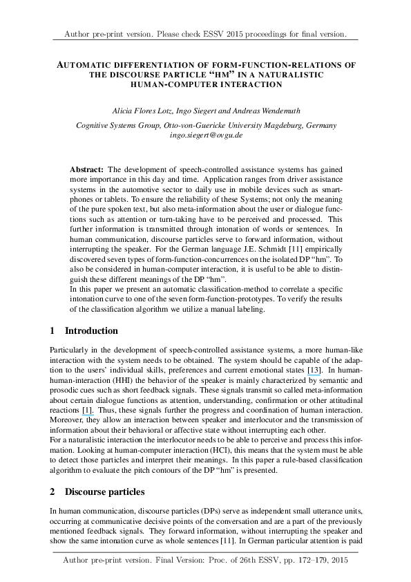 (PDF) Automatic differentiation of form-function-relations of the discourse particle "hm" in a ...
