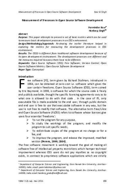 (PDF) Measurement of Processes in Open Source Software Development