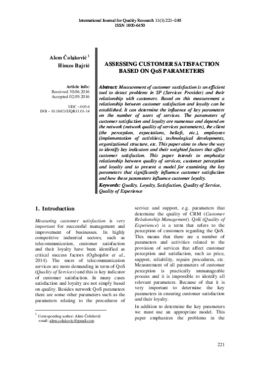 Pdf Assessing Customer Satisfaction Based On Qos Parameters Alem