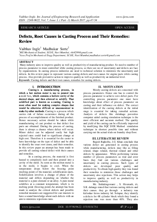 (PDF) Defects, Root Causes in Casting Process and Their Remedies: Review (PDF) Defects, Root Causes in Casting Process and Their Remedies: Review