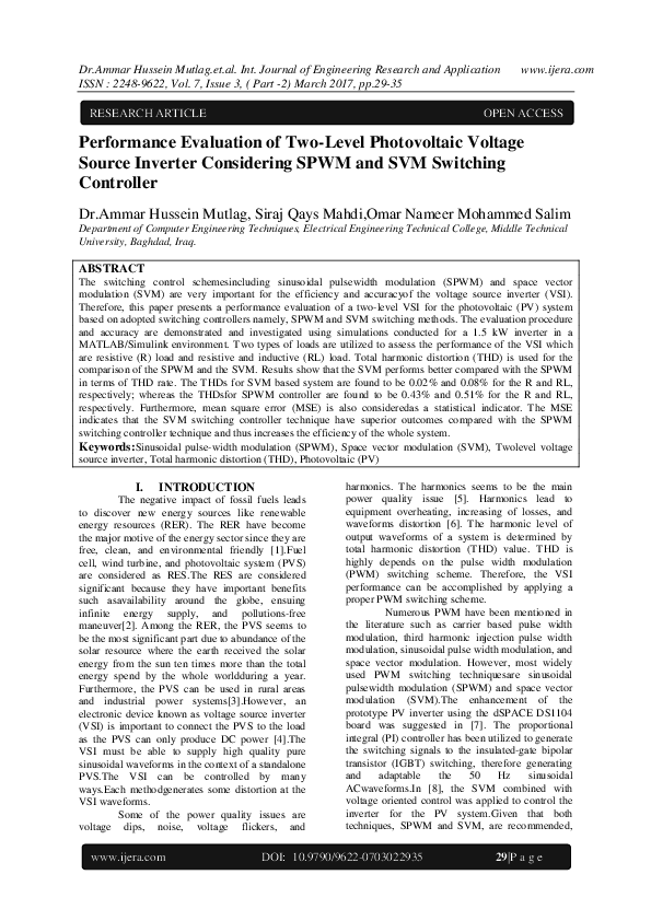 (PDF) Performance Evaluation of Two-Level Photovoltaic Voltage Source ...