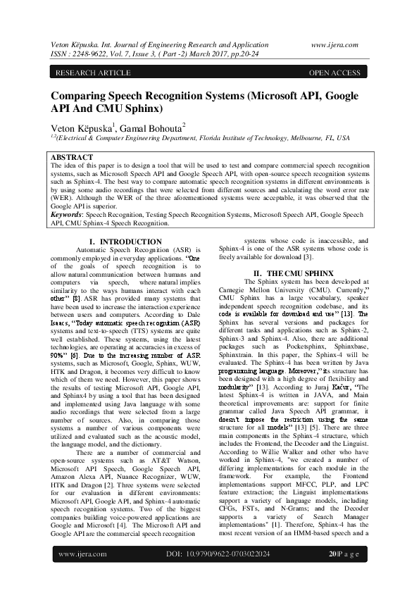 (PDF) Comparing Speech Recognition Systems (Microsoft API, Google API And CMU Sphinx