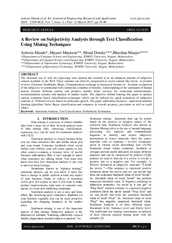 Pdf A Review On Subjectivity Analysis Through Text Classification Using Mining Techniques