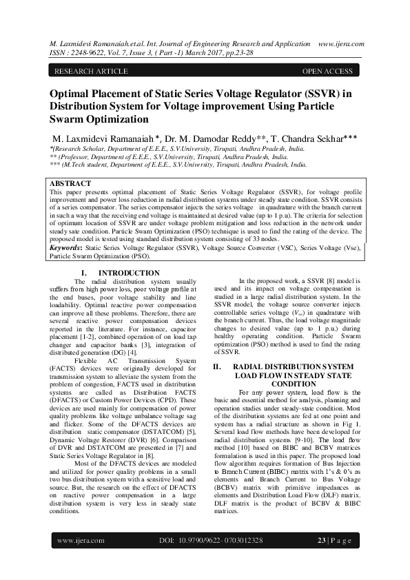 (PDF) Optimal Placement of Static Series Voltage Regulator (SSVR) in Distribution System for ...