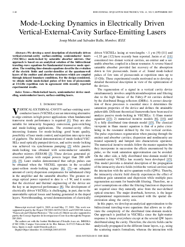 Pdf Mode Locking Dynamics In Electrically Driven Vertical External Cavity Surface Emitting Lasers