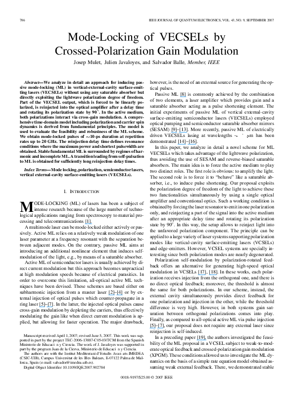 Pdf Mode Locking Of Vecsels By Crossed Polarization Gain Modulation