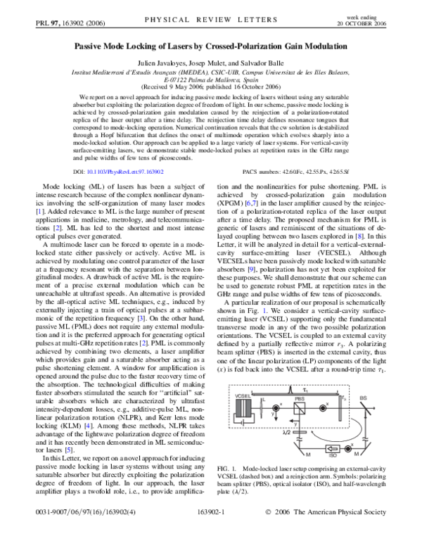 Pdf Passive Mode Locking Of Lasers By Crossed Polarization Gain Modulation