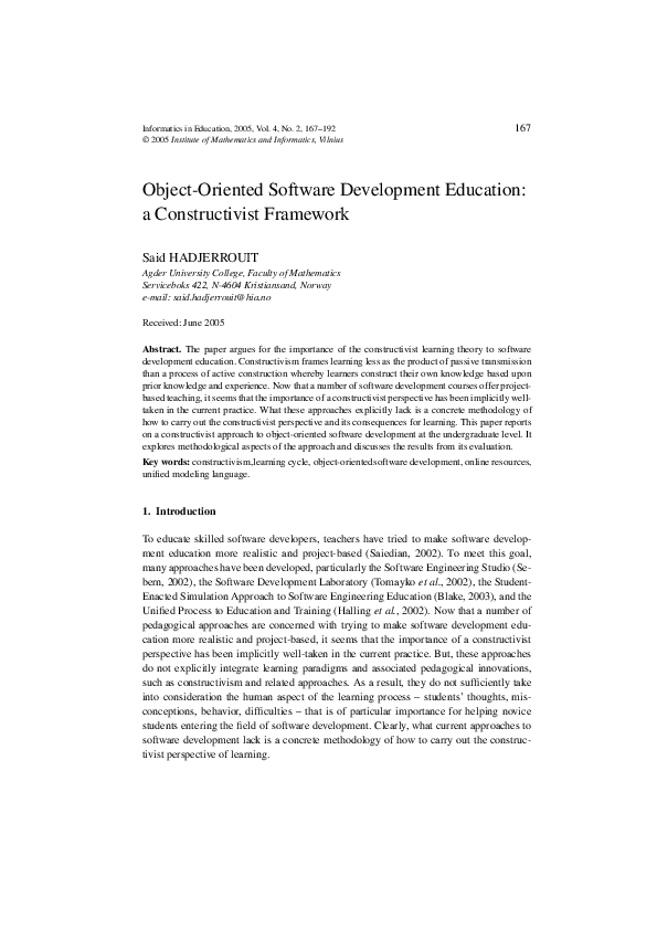 Pdf Object Oriented Software Development Education A Constructivist Framework