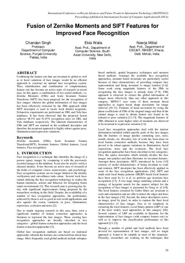 Pdf Fusion Of Zernike Moments And Sift Features For Improved Face