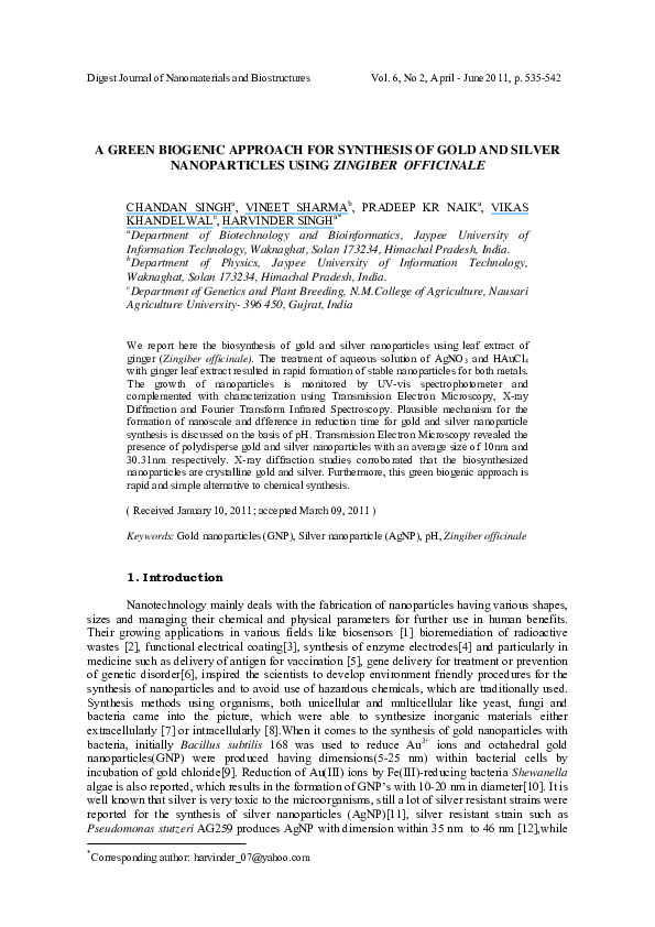 (PDF) A Green Biogenic Approach for Synthesis of Gold and Silver Nanoparticles Using Zingiber ...
