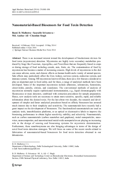 Pdf Nanomaterial Based Biosensors For Food Toxin Detection