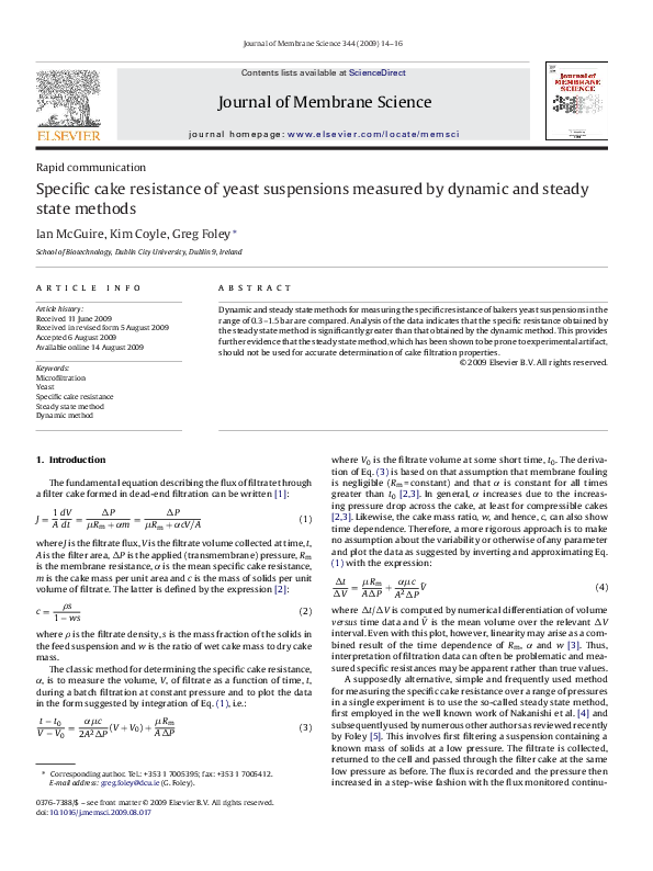 (PDF) Specific cake resistance of yeast suspensions measured by dynamic ...