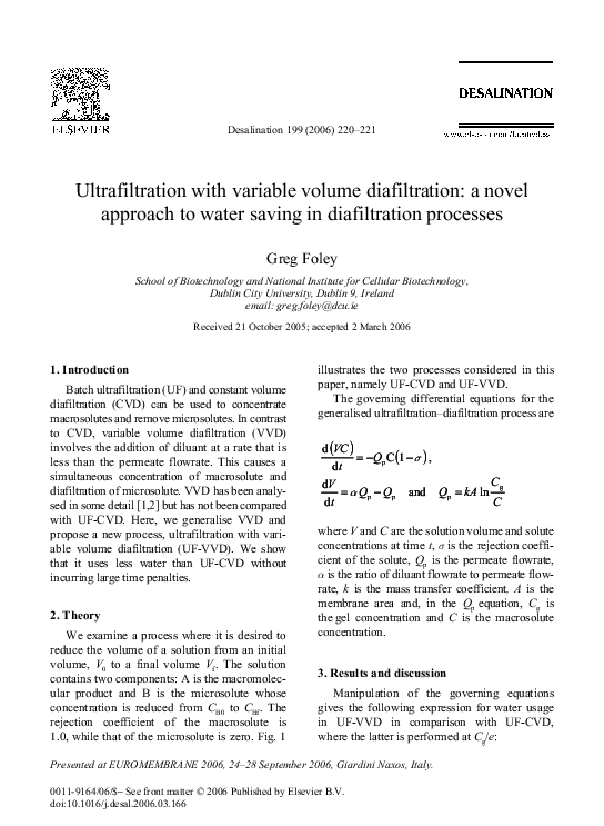 (PDF) Ultrafiltration with variable volume diafiltration: a novel ...