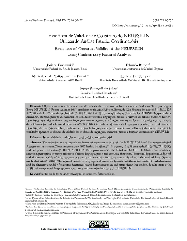 (PDF) Evidência de Validade de Construto do NEUPSILIN Utilizando ...