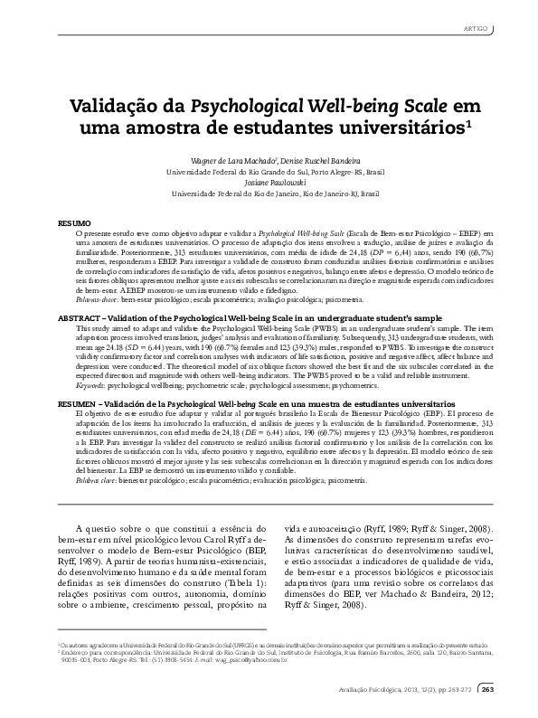 (PDF) Validação da Psychological Well-being Scale em uma amostra de ...