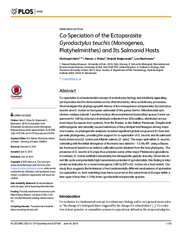 (PDF) Co-Speciation of the Ectoparasite Gyrodactylus teuchis (Monogenea, Platyhelminthes) and ...