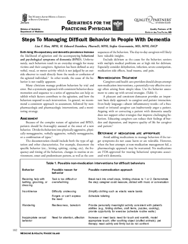 (PDF) Steps to managing difficult behavior in people with dementia