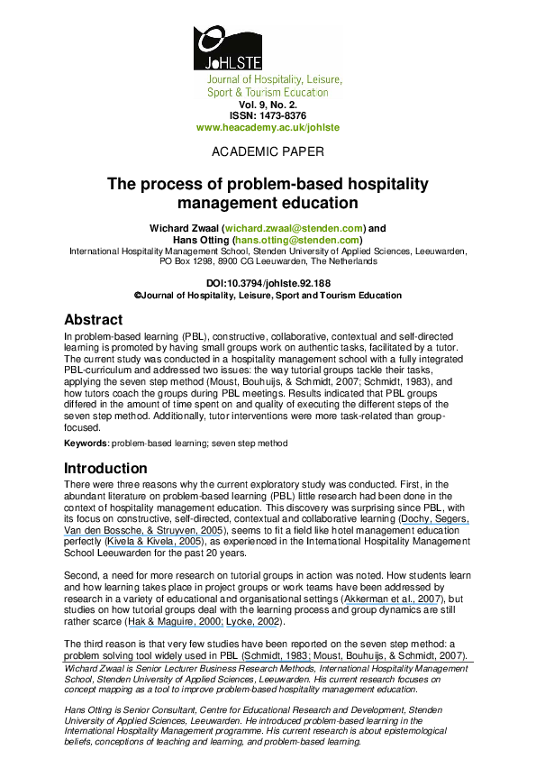 (PDF) The process of problem-based hospitality management education