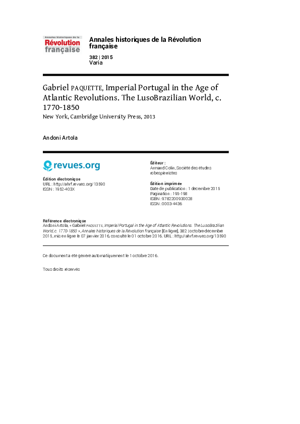 (PDF) Gabriel Paquette, "Gabriel Paquette, Imperial Portugal in the Age ...