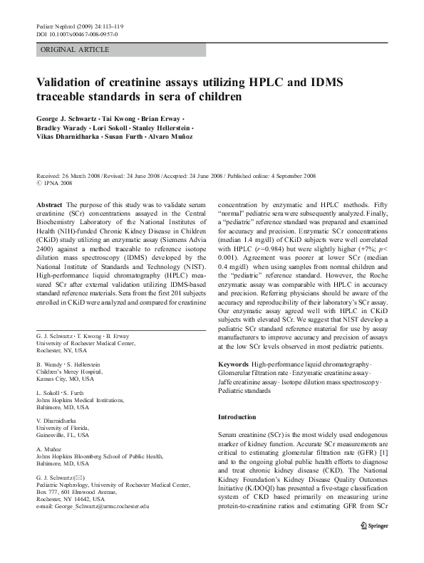 (PDF) Validation of creatinine assays utilizing HPLC and IDMS traceable standards in sera of ...