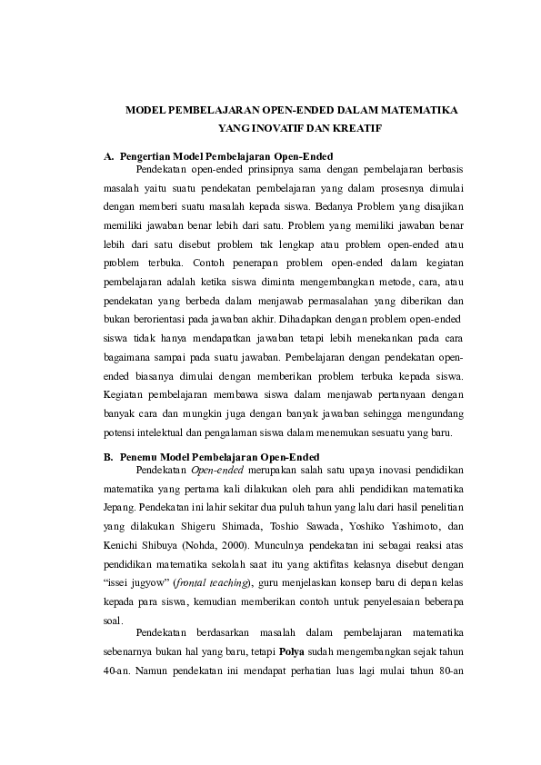 (DOC) MODEL PEMBELAJARAN OPEN-ENDED DALAM MATEMATIKA (DOC) MODEL PEMBELAJARAN OPEN-ENDED DALAM MATEMATIKA